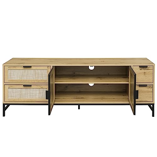 Voohek Boho Stand with Drawers and Adjustable Shelves, Media Console Table for 65 inch Television, Entertainment Center w/Storage Used in Living Room, for 65" TV/Rattan, Natural