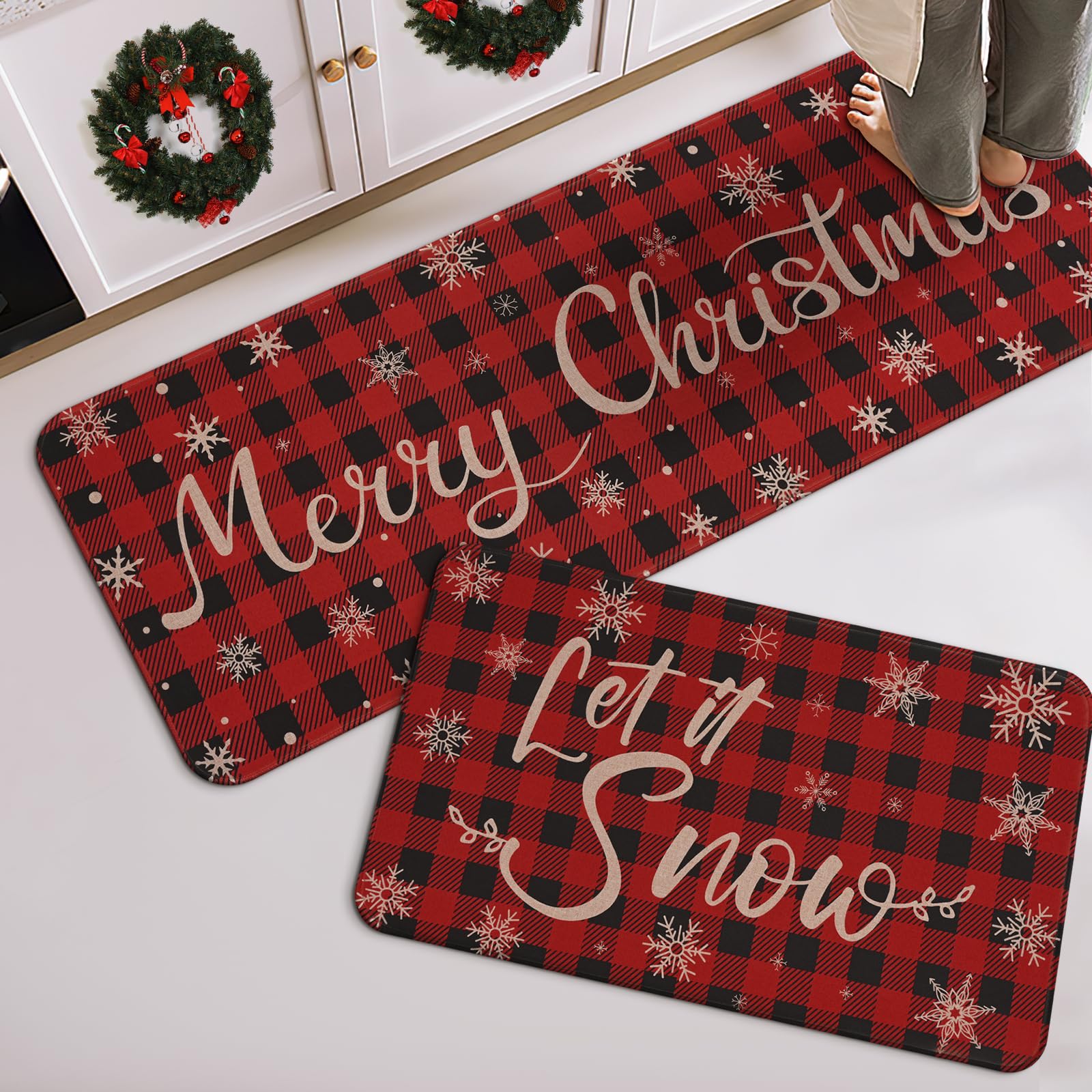 Alishomtll Christmas Kitchen Mats for Floor 2 Pieces, Non Slip Absorbent Kitchen Rugs Washable for Christmas Decor, Red Checkered Christmas Door Mat and Rug, 17''x47''+17''x29''