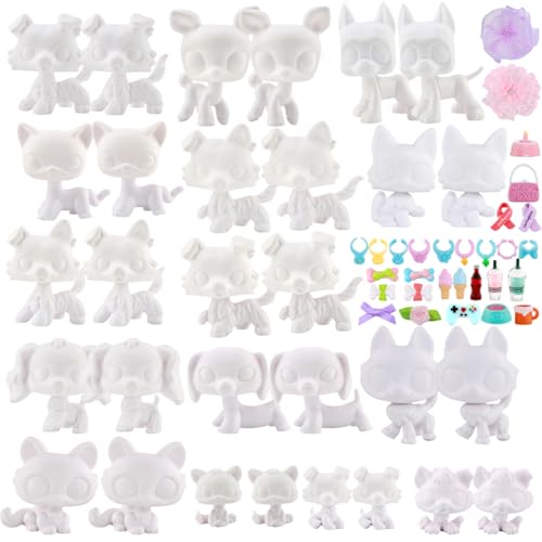 Custom lps White Bases, 30pcs DIY lps White Molds for lps DIY Figure, lps Figure Bases Collie Cat Dachshund Great Dane Dog Cocker Sapniel with lps Accessories Random 7pcs