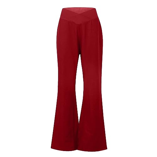 HRSTUYL Linen Pants Sun Protection Pants Linen Pants Women's Fashionable Elastic Waistband Speaker Solid Color Casual Patchwork Pants(2-Vermilion,XL)