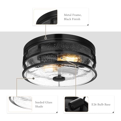 Flush Mount Ceiling Light Fixture, 12 Inch Close to Ceiling Light with Black Metal Cage, Modern Industrial Ceiling Lamp with Seeded Glass for Kitchen Hallway Bedroom Living Room Foyer