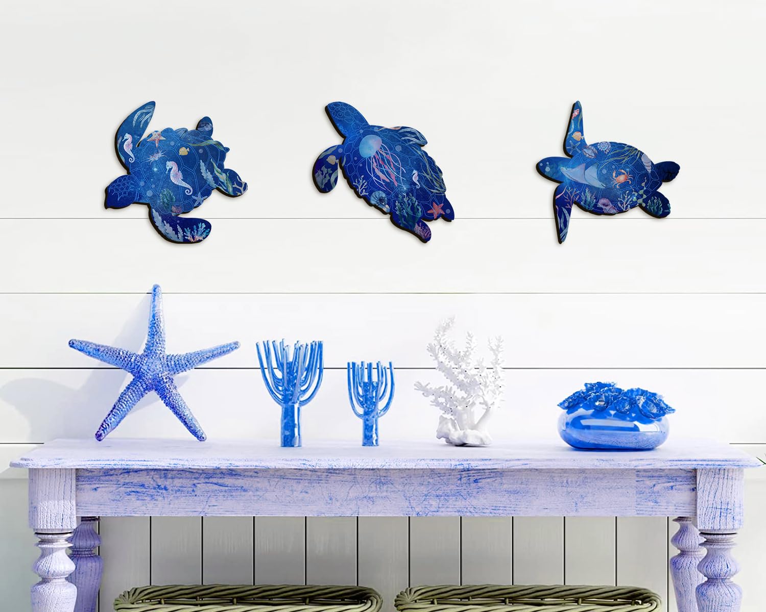 3 Pieces Wooden Turtle Wall Art ustic Turtle Bathroom Decor Turtle Art Sculpture Hanging Blue Marine Animal Turtle Decorations for Patio Swimming Pool Home Wall