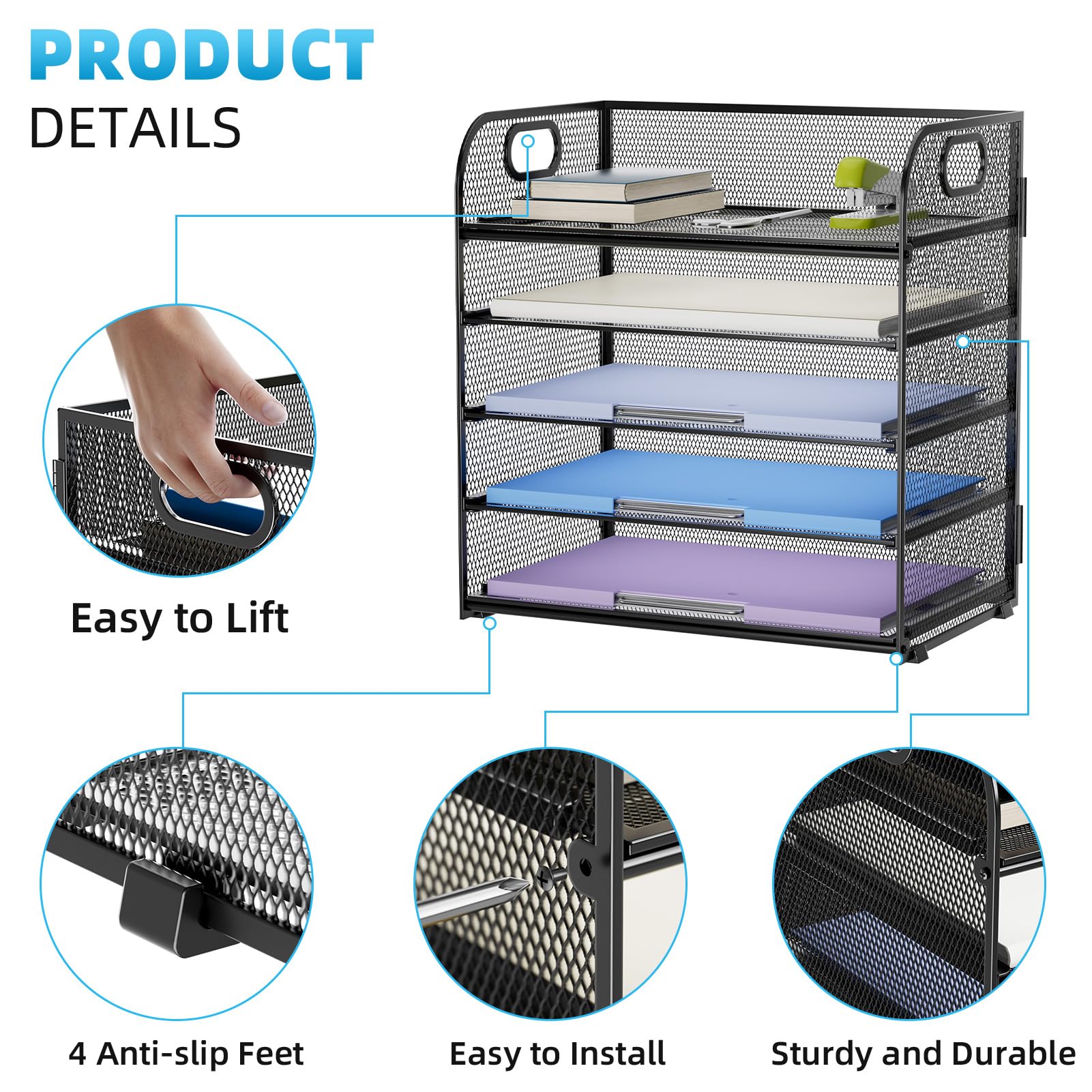 Marbrasse 5 Tier Paper Organizer Letter Tray, Mesh Desk File Organizer with Handle, Paper Sorter Desk Organizer for Home Office Supplies(Black)