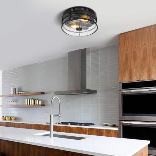 Flush Mount Ceiling Light Fixture, 12 Inch Close to Ceiling Light with Black Metal Cage, Modern Industrial Ceiling Lamp with Seeded Glass for Kitchen Hallway Bedroom Living Room Foyer