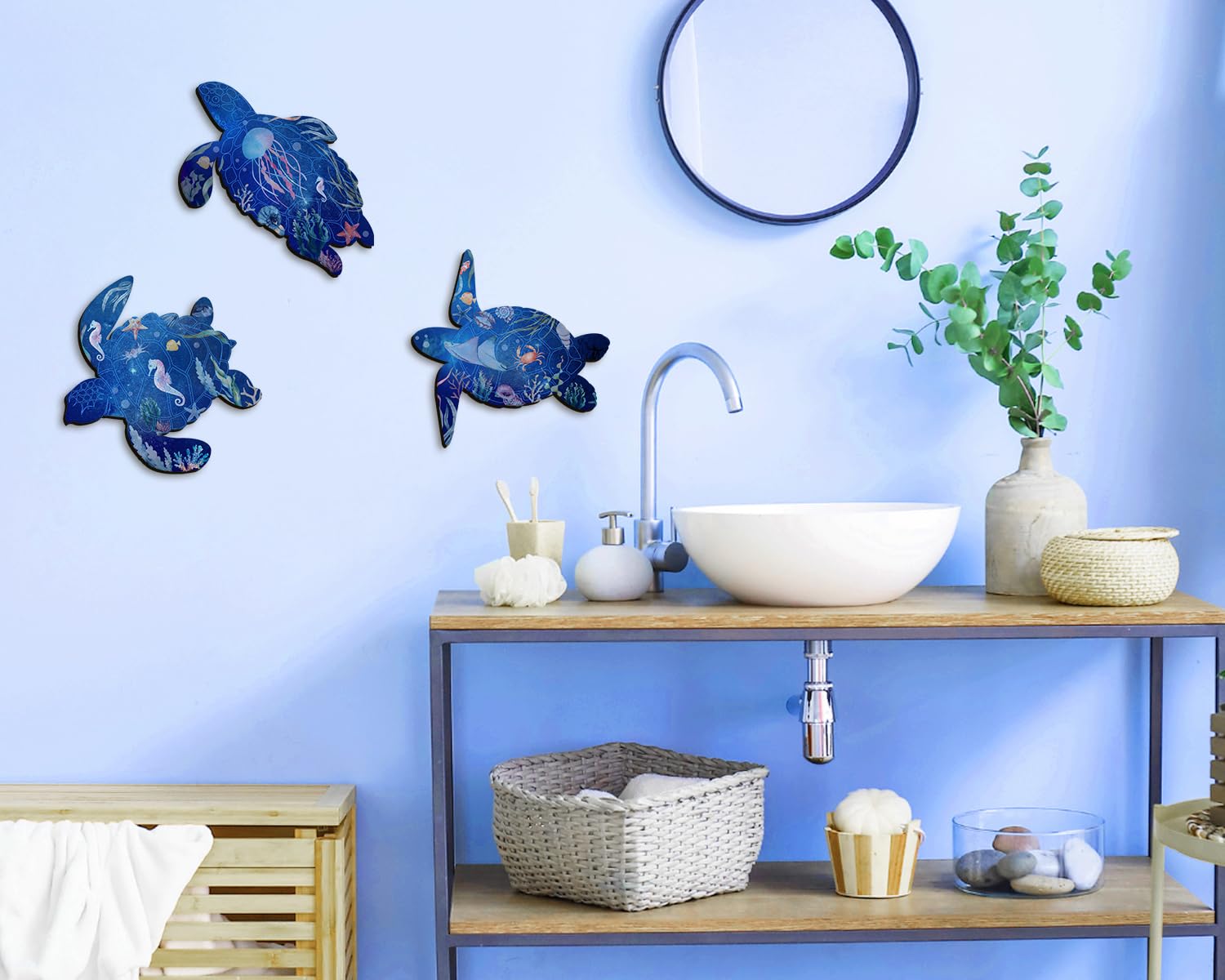3 Pieces Wooden Turtle Wall Art ustic Turtle Bathroom Decor Turtle Art Sculpture Hanging Blue Marine Animal Turtle Decorations for Patio Swimming Pool Home Wall