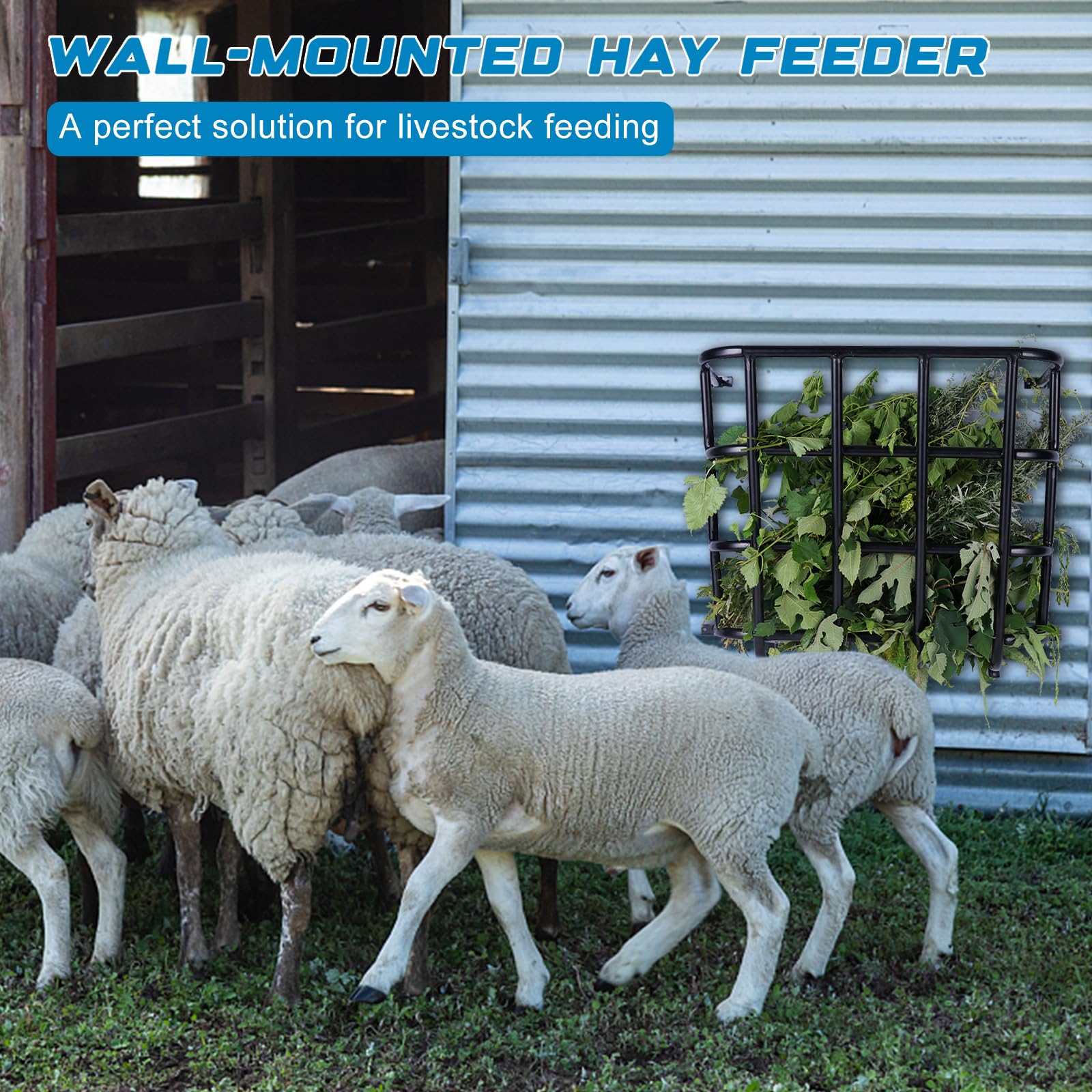 ICITYWALL Hay Feeder Goat, 24.4 x 20.8 x 12.6 Multiple Sided Goat Hay Rack, Heavy Duty Galvanized Metal Wall Hay Rack for Sheep Horses, etc(Black)