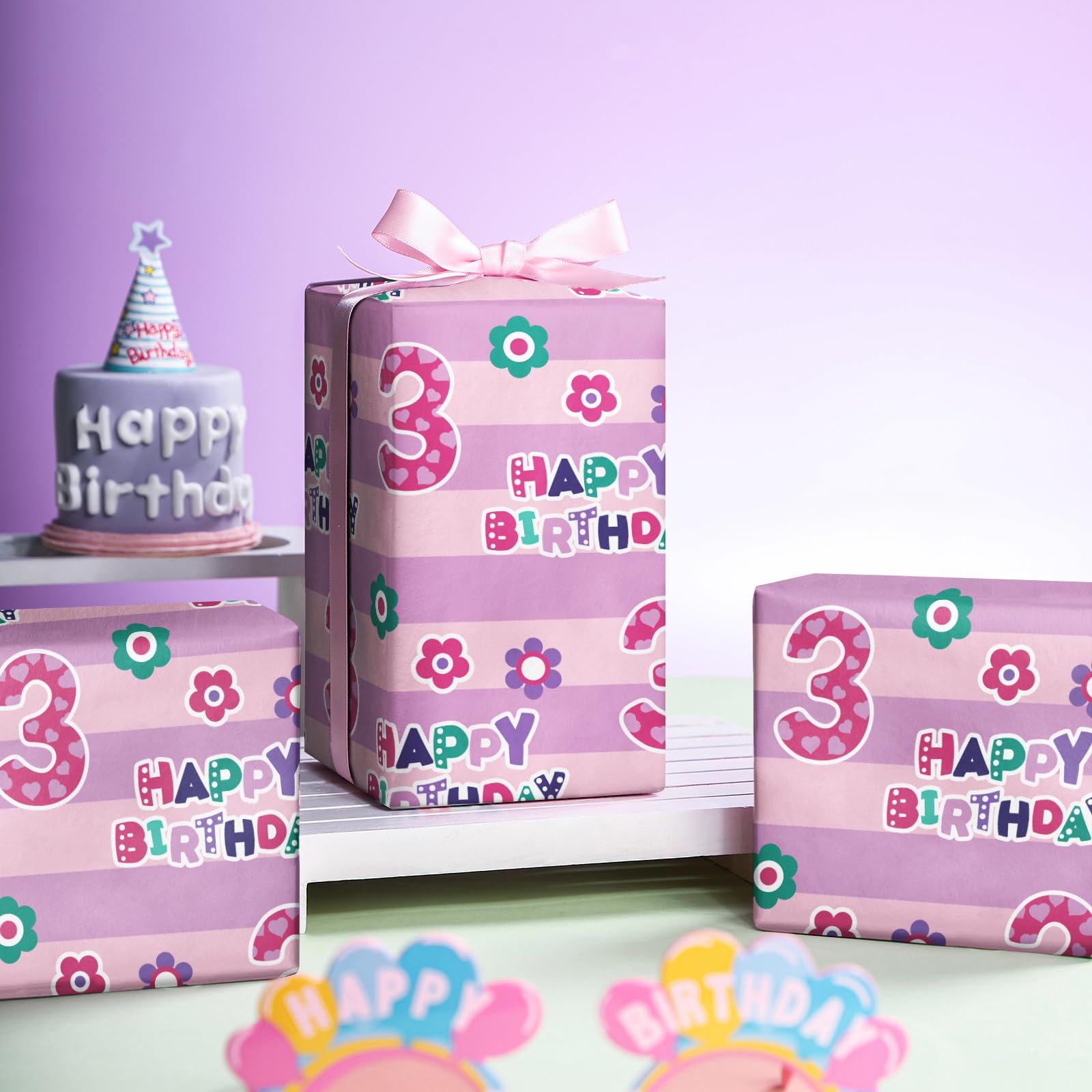 WRAPAHOLIC 3rd Birthday Wrapping Paper Sheet - 6 Sheets Pink Happy Birthday with Floral Design Folded Flat for Birthday, Party, Baby Showers - 19.7 Inch X 27.5 Inch Per Sheet