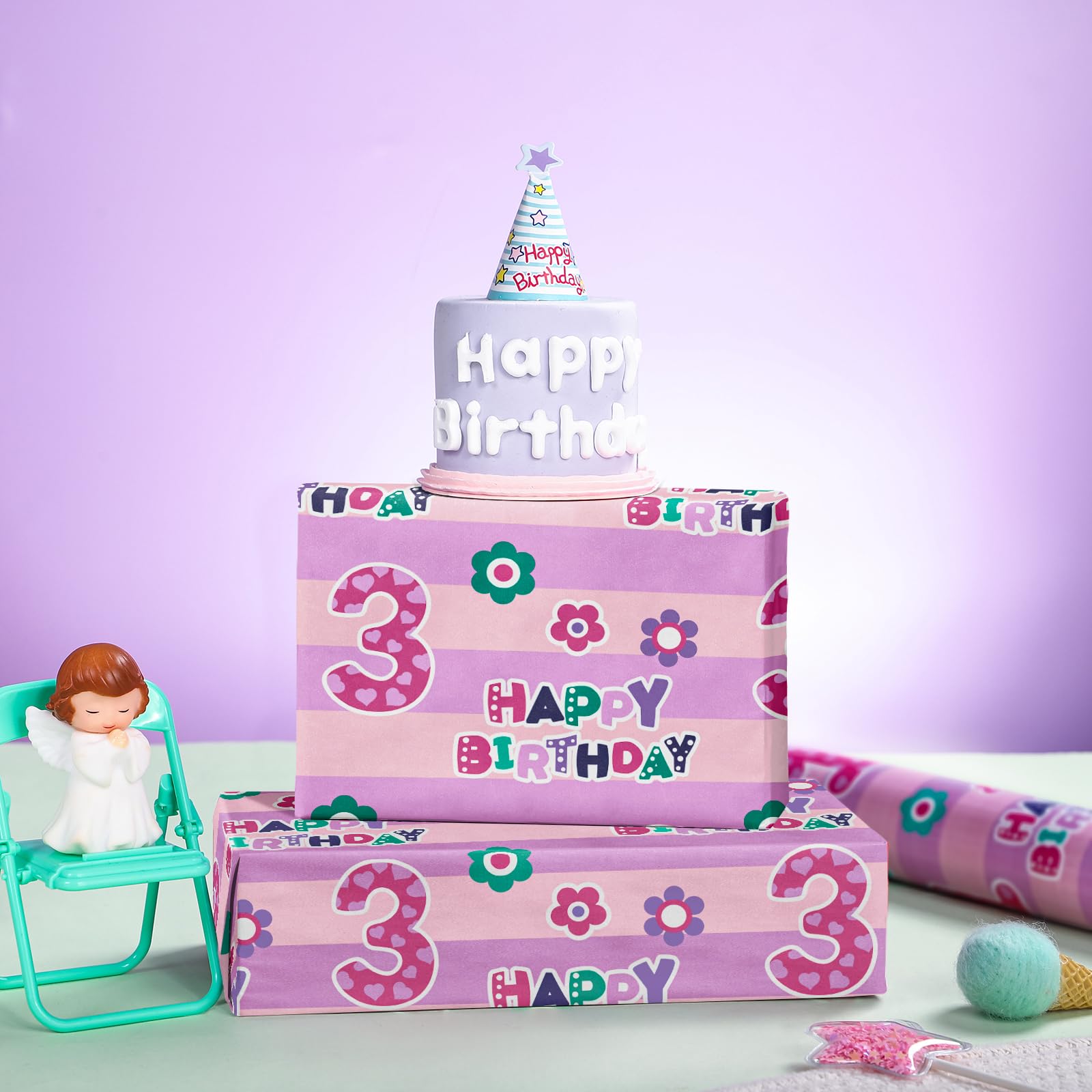 WRAPAHOLIC 3rd Birthday Wrapping Paper Sheet - 6 Sheets Pink Happy Birthday with Floral Design Folded Flat for Birthday, Party, Baby Showers - 19.7 Inch X 27.5 Inch Per Sheet