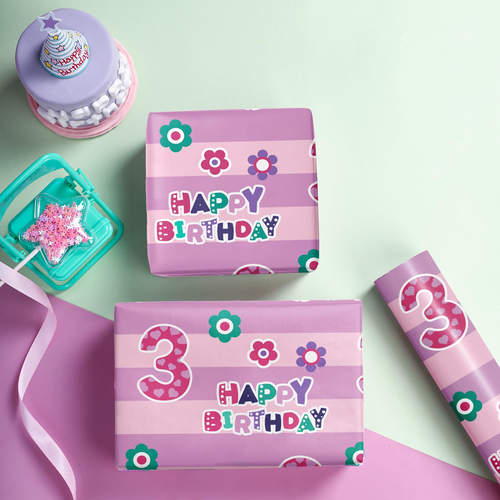 WRAPAHOLIC 3rd Birthday Wrapping Paper Sheet - 6 Sheets Pink Happy Birthday with Floral Design Folded Flat for Birthday, Party, Baby Showers - 19.7 Inch X 27.5 Inch Per Sheet