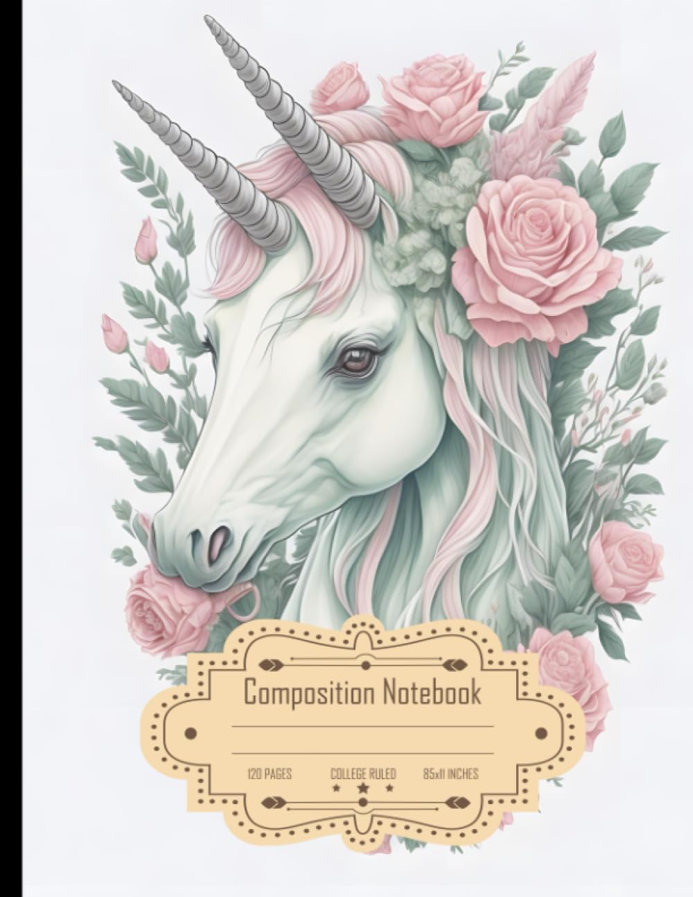 Composition Notebook College Ruled: Cute Unicorn Vintage T-Shirt Design, White/Pink/Light Green, Pink Rose Watercolor Effect, Hand-Drawn, Size 8.5x11 Inches, 120 Pages