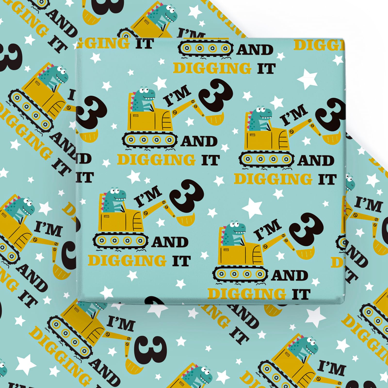 WRAPAHOLIC 3rd Birthday Wrapping Paper Sheet - 6 Sheets Adorable Dinosaurs Driving Digger Design Folded Flat for Birthday, Party, Baby Showers - 19.7 Inch X 27.5 Inch Per Sheet