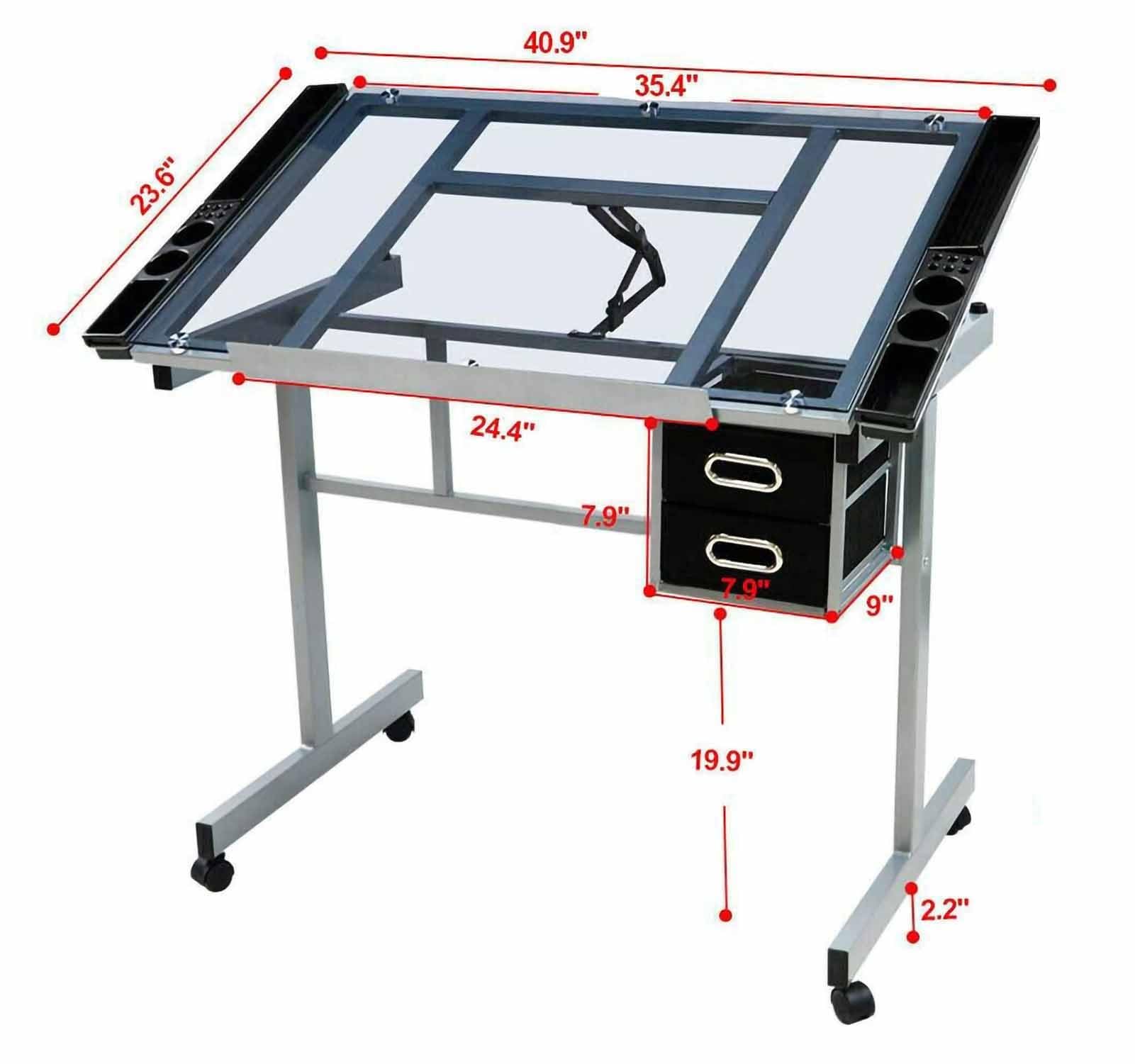 ZERVA Drafting Craft Desk Art Glass Desk with Storage Drawers | Durable Sturdy Ergonomic Heavy Duty Comfortable Adjustable Lightweight | for Home Office, School, Home, with 4 Casters