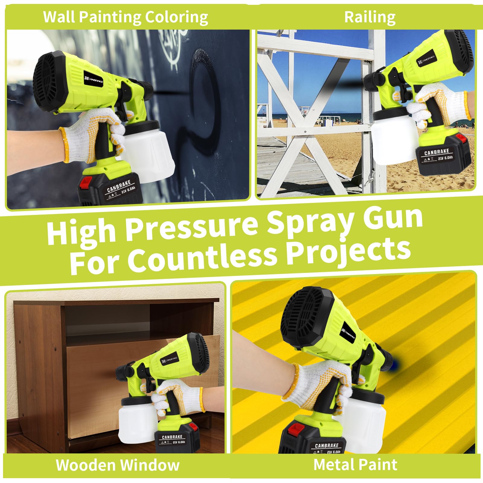 Canbrake CANBRAKE Cordless Paint Sprayer, 21V 6.0Ah Battery Operated HVLP Electric Paint Gun with 5 Copper Spouts & 3 Patterns & 1000ML Container, 800W High Power Airless Paint Sprayer for Home DIY