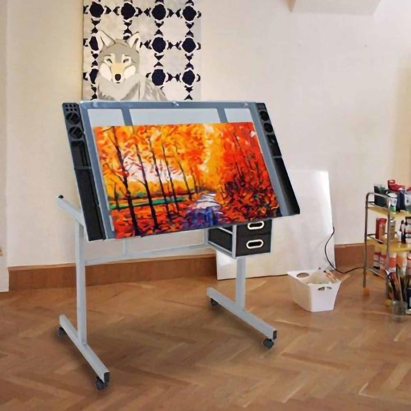 ZERVA Drafting Craft Desk Art Glass Desk with Storage Drawers | Durable Sturdy Ergonomic Heavy Duty Comfortable Adjustable Lightweight | for Home Office, School, Home, with 4 Casters