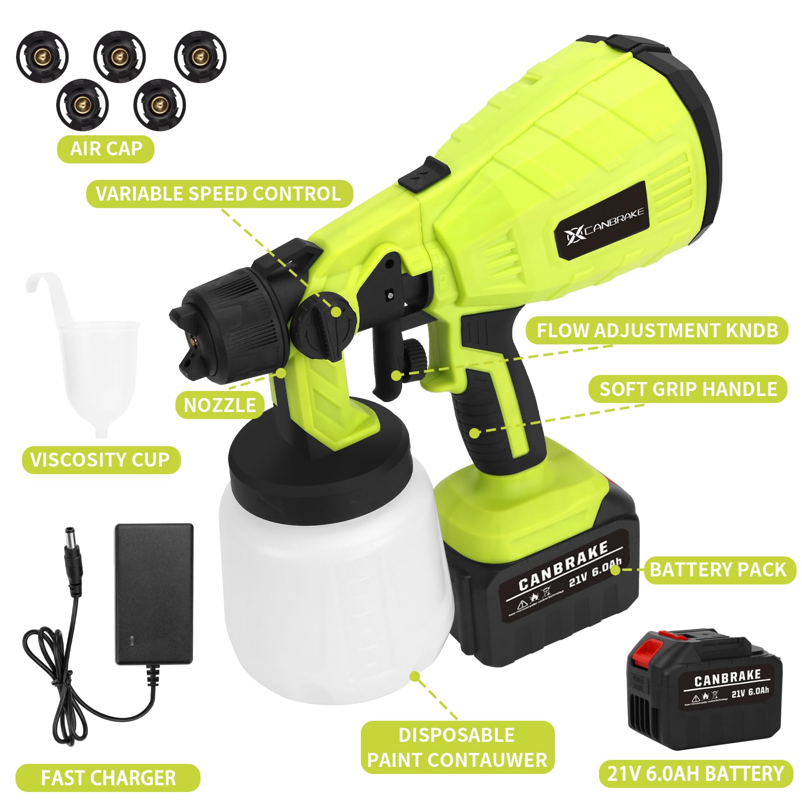 Canbrake CANBRAKE Cordless Paint Sprayer, 21V 6.0Ah Battery Operated HVLP Electric Paint Gun with 5 Copper Spouts & 3 Patterns & 1000ML Container, 800W High Power Airless Paint Sprayer for Home DIY