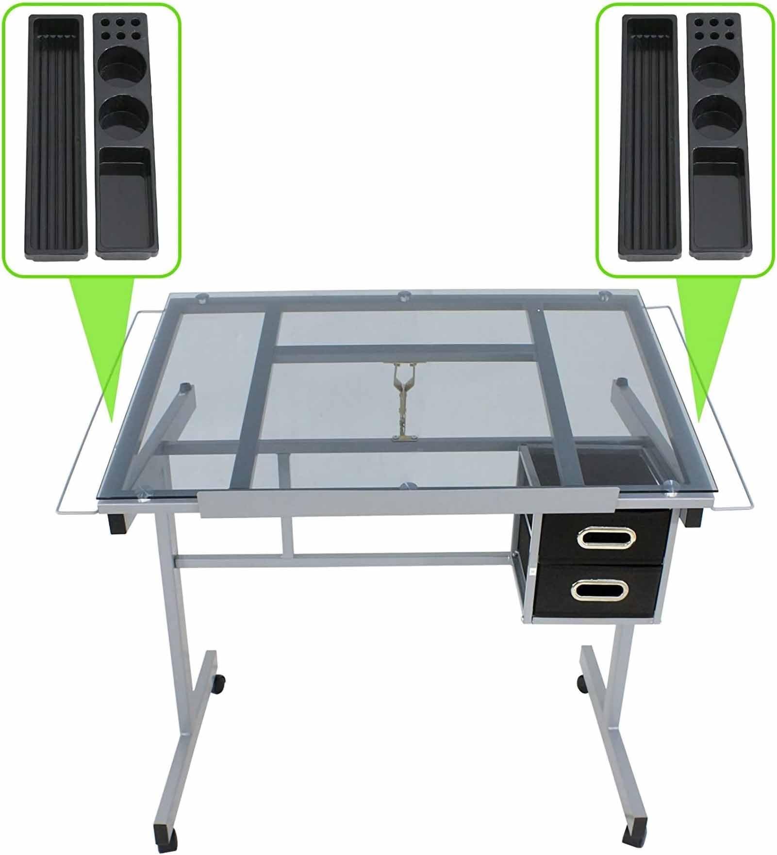 ZERVA Drafting Craft Desk Art Glass Desk with Storage Drawers | Durable Sturdy Ergonomic Heavy Duty Comfortable Adjustable Lightweight | for Home Office, School, Home, with 4 Casters