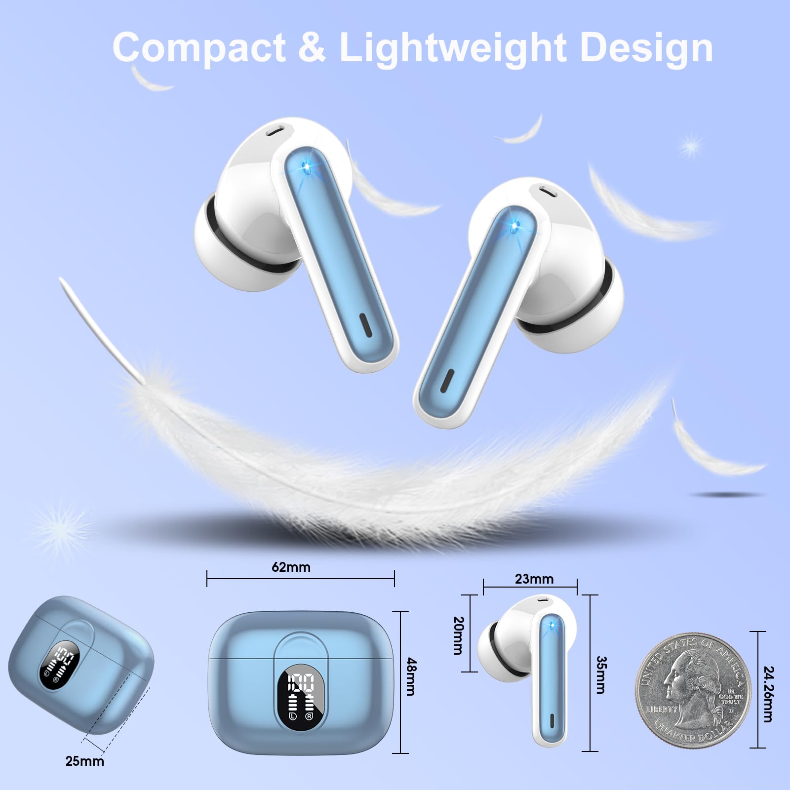 Wireless Earbuds 2024 Bluetooth 5.3 Headphones HiFi Stereo, 40H Playtime in-Ear Earbud, Bluetooth Earbuds with LED Power Display, IP7 Waterproof Wireless Earphones Sport Headset for Android iOS
