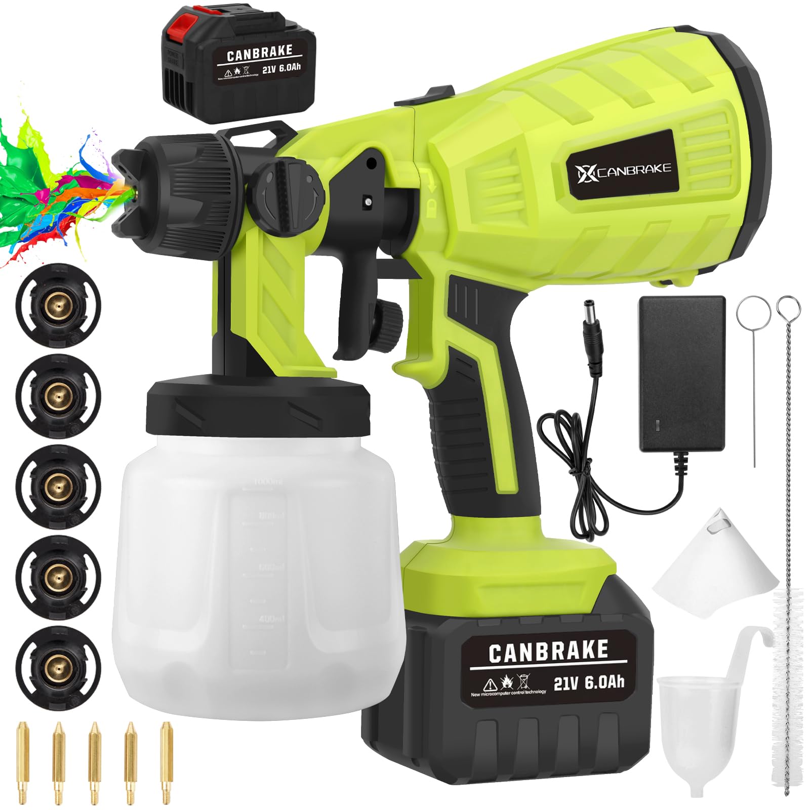 Canbrake CANBRAKE Cordless Paint Sprayer, 21V 6.0Ah Battery Operated HVLP Electric Paint Gun with 5 Copper Spouts & 3 Patterns & 1000ML Container, 800W High Power Airless Paint Sprayer for Home DIY