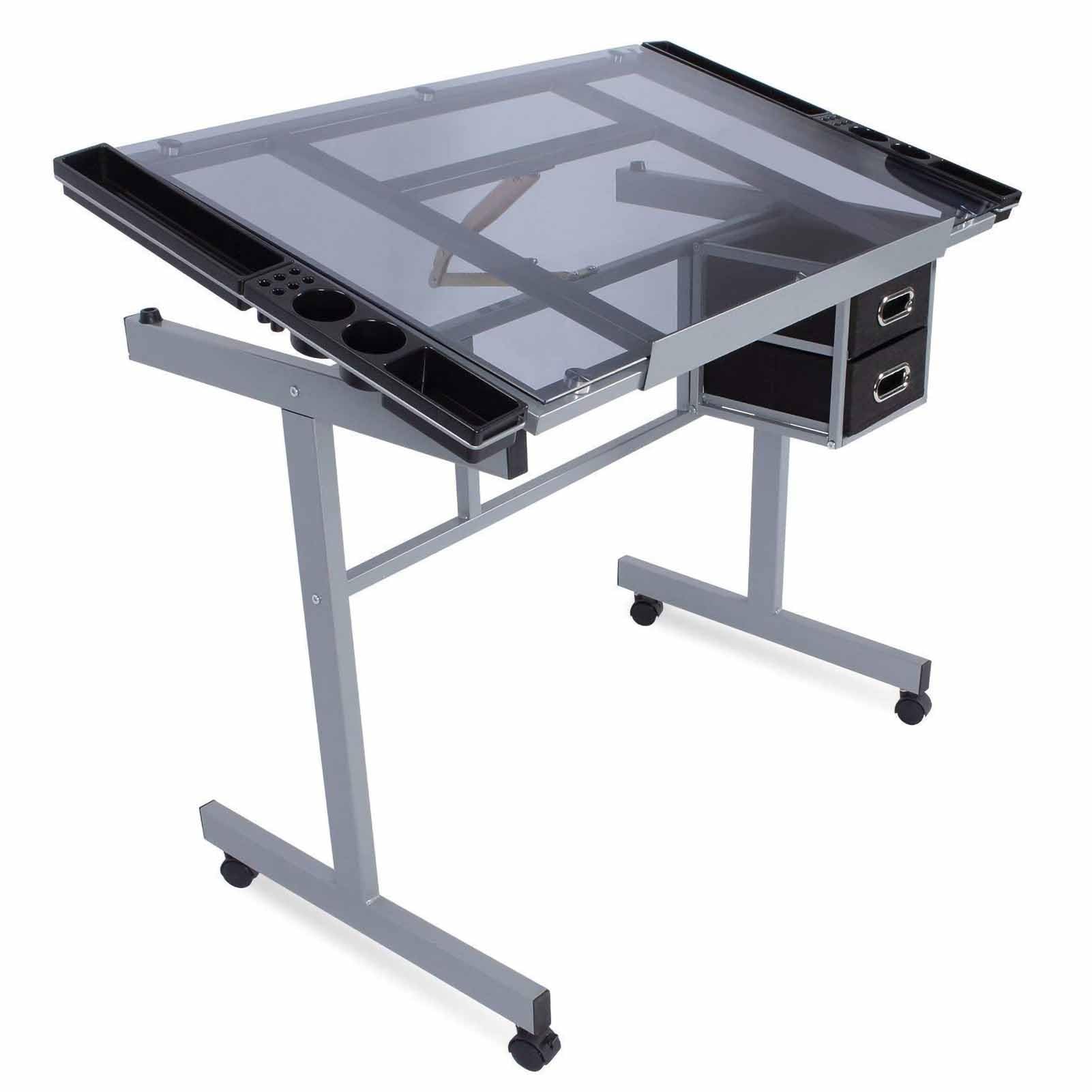 ZERVA Drafting Craft Desk Art Glass Desk with Storage Drawers | Durable Sturdy Ergonomic Heavy Duty Comfortable Adjustable Lightweight | for Home Office, School, Home, with 4 Casters