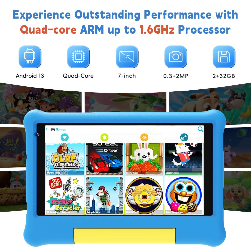 ApoloSign Kids Tablet 7 inch, 2+32GB Storage, Android 13 Tablet for Kids, Parental Control, Pre-Installed Educational Apps & YouTube Kids, 3000mAh Battery, Dual Cameras, EVA Protective Case, Blue