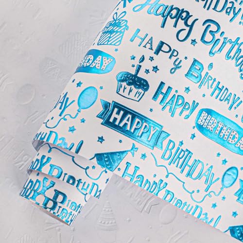 Homeral Jumbo Wrapping Paper Roll-37.66sqft(27.6 x 197inch) Blue Foil Birthday Design