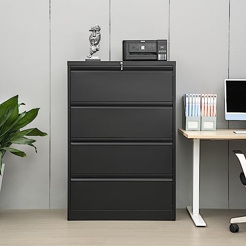 LVSTEEL Lateral File Cabinet with Lock,4 Drawer Stainless Metal Lateral Filing Cabinets, Home Office Storage Cabinets for Organization, Hanging Letter/Legal/A4,Anti-tilt Structure, Black