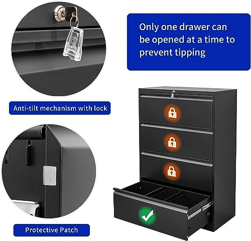 LVSTEEL Lateral File Cabinet with Lock,4 Drawer Stainless Metal Lateral Filing Cabinets, Home Office Storage Cabinets for Organization, Hanging Letter/Legal/A4,Anti-tilt Structure, Black