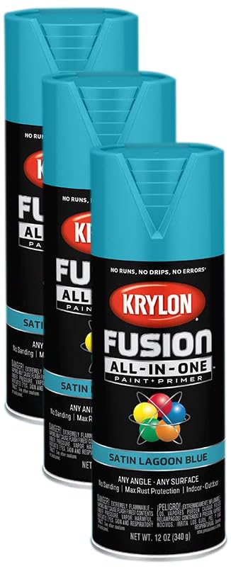 Krylon K02741007 Fusion All-In-One Spray Paint for Indoor/Outdoor Use, Satin Lagoon Blue, 12 Ounce (Pack of 3)