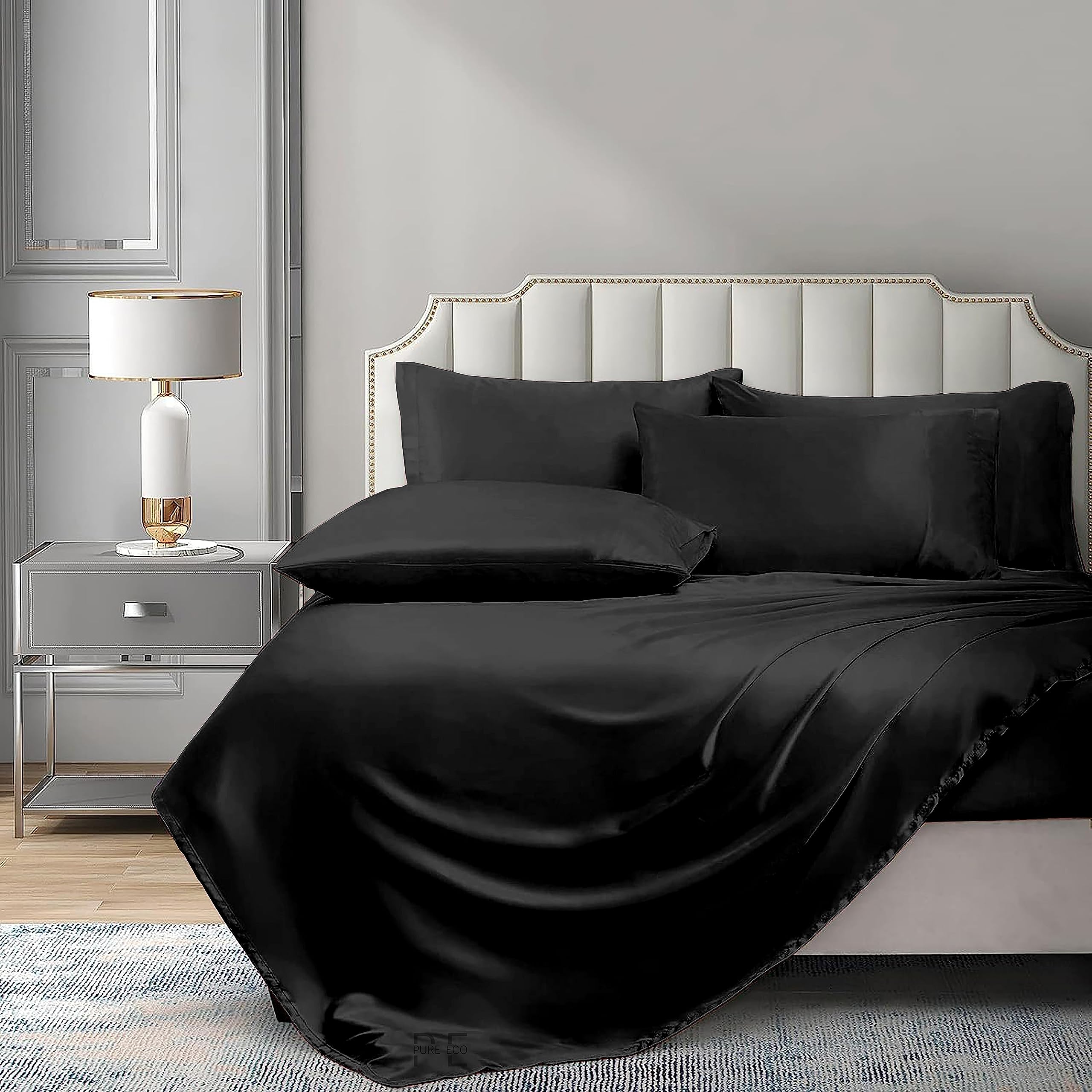 PURE ECO Rich Silk 6 Piece Satin Sheet Set Twin XL Size (39x80)+ Upto 12 Inch Deep Pocket Black Color Smooth Soft and Silk Satin Bed Sheets Twin Size Bedding Set