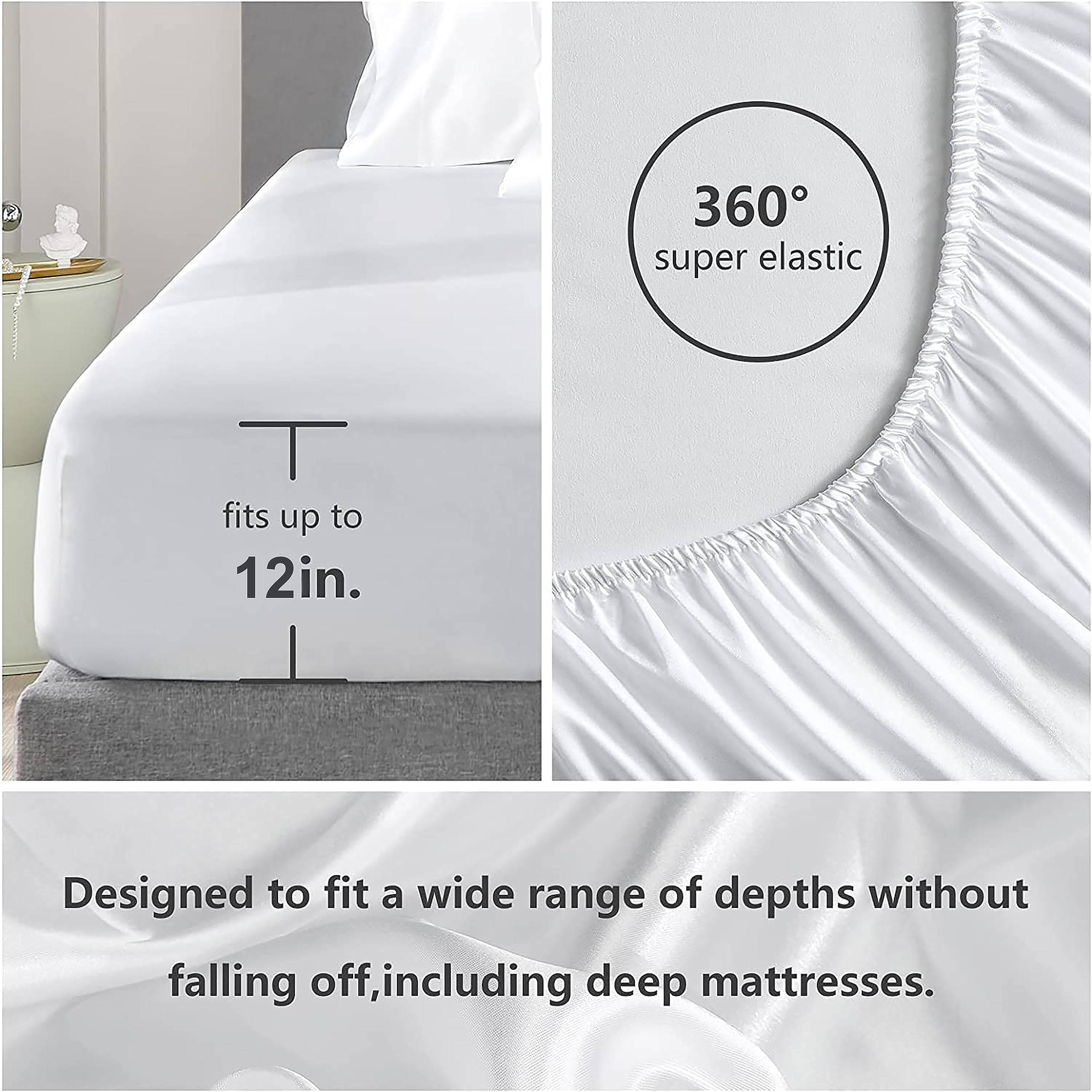 PURE ECO Rich Silk 6 Piece Satin Sheet Set Twin XL Size (39x80)+ Upto 12 Inch Deep Pocket Black Color Smooth Soft and Silk Satin Bed Sheets Twin Size Bedding Set