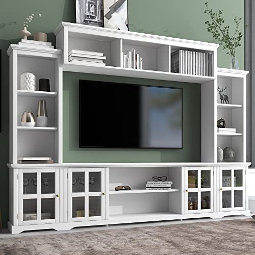 Aiuyesuo Minimalism Style Entertainment Wall Unit with Bridge, Modern TV Console Table for TVs Up to 70", Multifunctional TV Stand with Tempered Glass Door, Perfect for Any Home Décor (White-QA009)