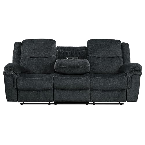 YUNLife&Home Manual Wall Hugger Chair with Cup Holder,2 USB Ports&Power Sockets,Double Reclining Sectional Sofa 3-Seat Couch for Living Room Apartment Office RV Theater Furniture Set, Dark Blue 83.8"w