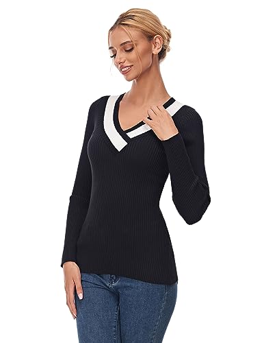 AmélieBoutik Women Casual Color Trim V Neck Long Sleeve Ribbed Sweater Tops (Black and Ivory White X-Large)