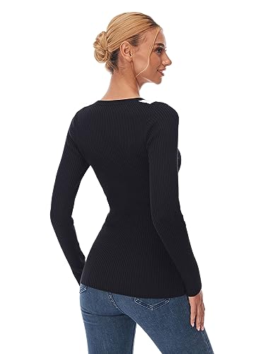 AmélieBoutik Women Casual Color Trim V Neck Long Sleeve Ribbed Sweater Tops (Black and Ivory White X-Large)