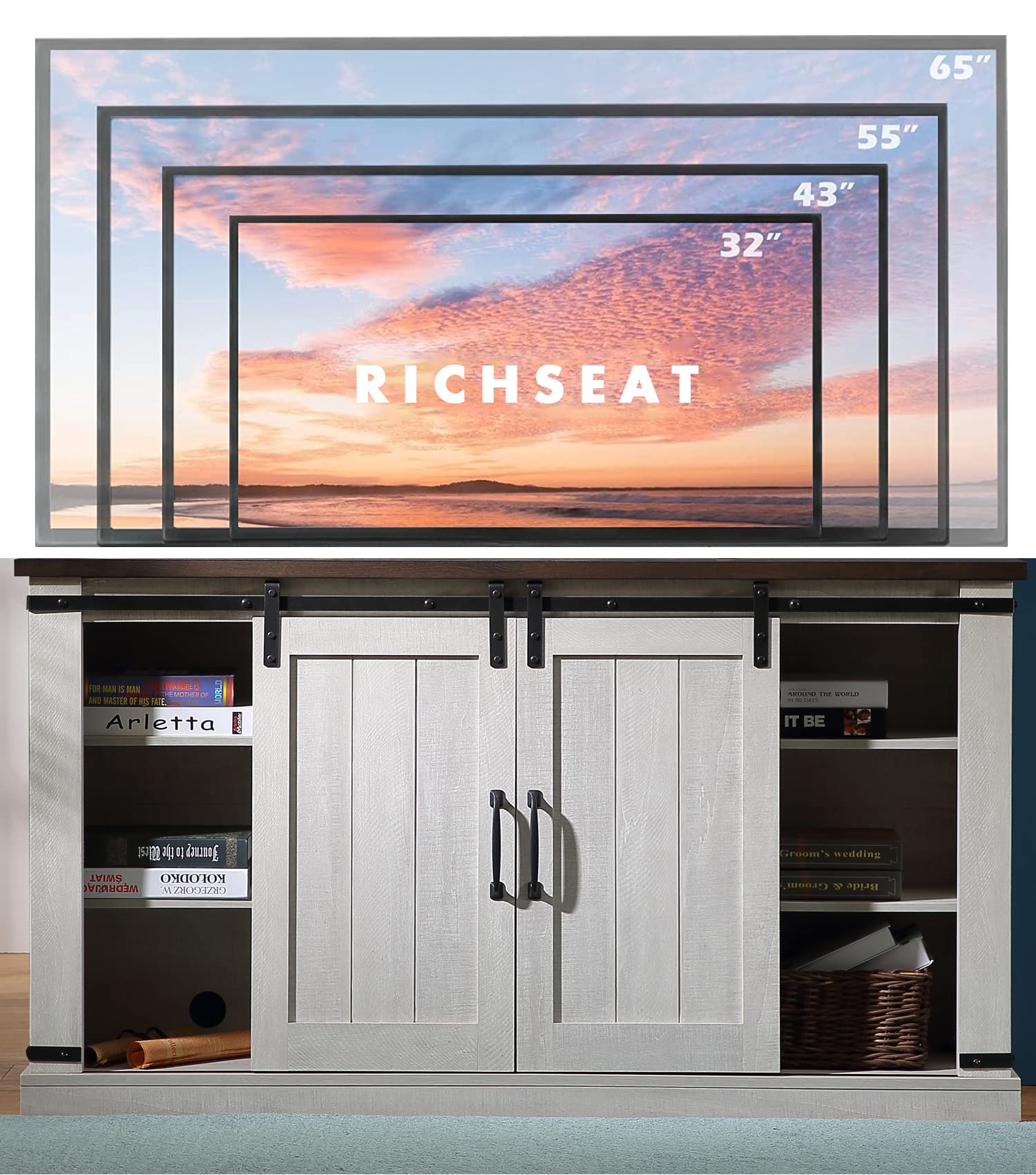 Asifom White Grey Modern Farmhouse Wood TV Stand for 65 Inch TV, Rustic TV Console Media Entertainment Center Table Living Room Storage Cabinet with Sliding Barn Door Adjustable Shelves