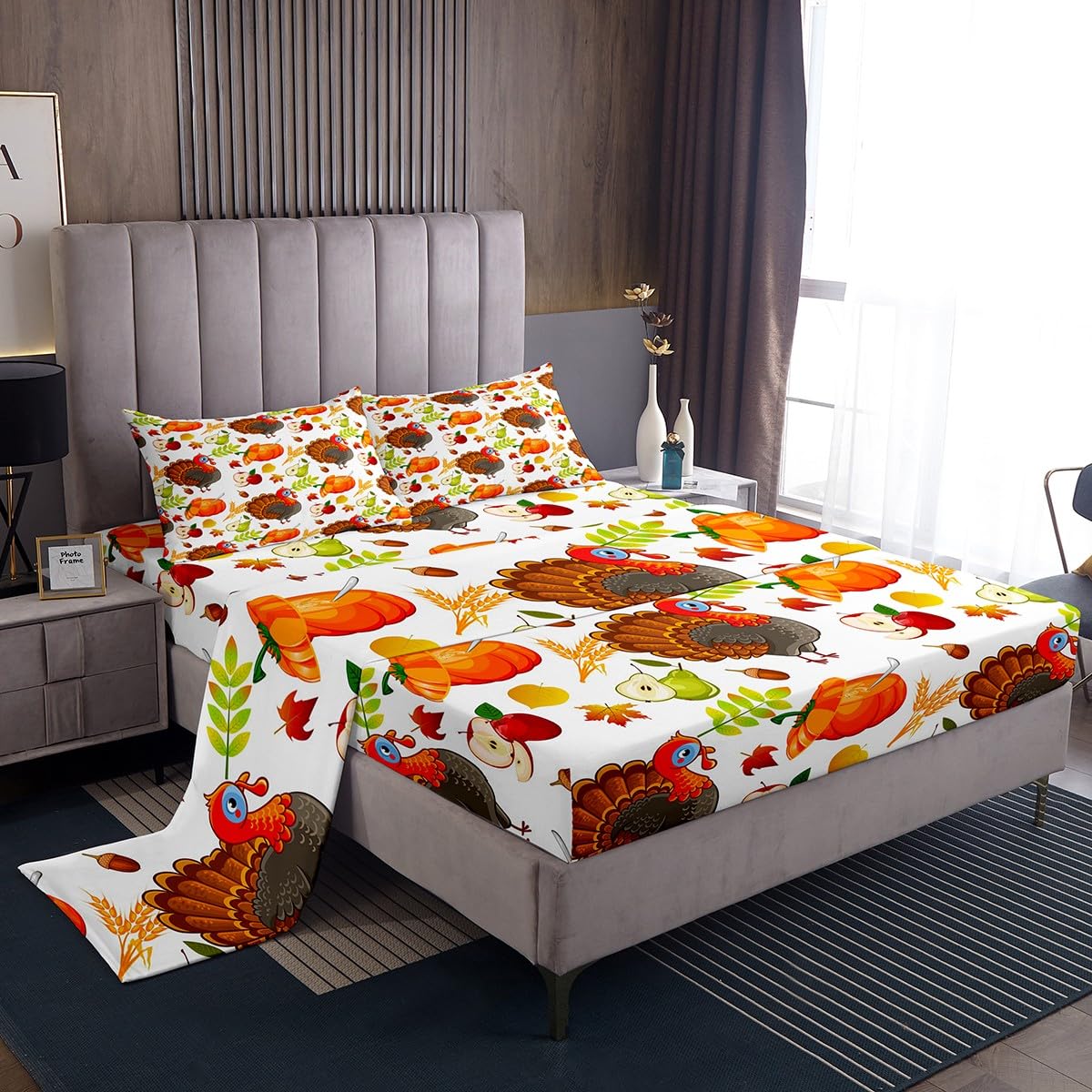 Erosebridal Thanksgiving Turkey Bed Sheets Set for Boys Girls Women Fall Decor Sheet Set Twin Size Rustic Farm Pumpkin Maple Leaf Fitted Sheet Autumn Harvest Flat Sheet Cute Wild Animal Turkey Sheets