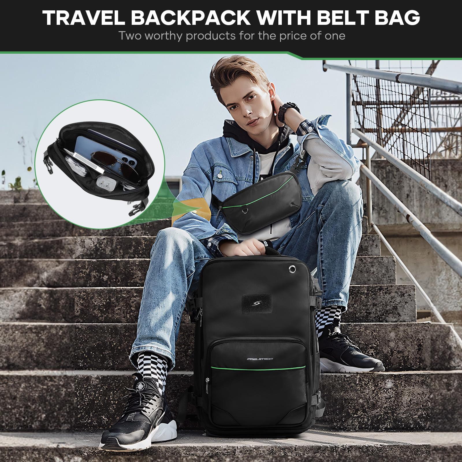 Maelstrom Travel Backpack for Men Women, 35L Carry on Backpack for Traveling on Airplane,with Belt Bag&Shoe Compartment,Waterproof Laptop Backpack fit 17”Laptop-Classic Black, Large