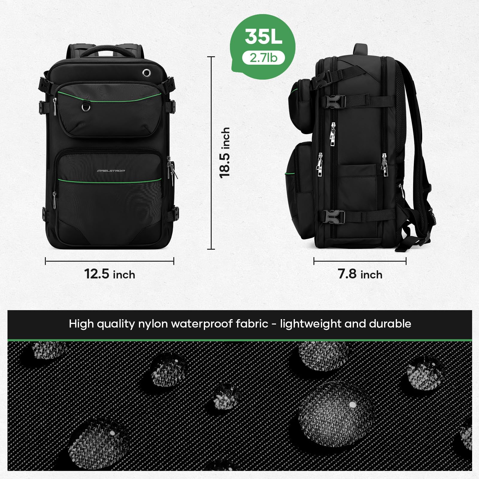 Maelstrom Travel Backpack for Men Women, 35L Carry on Backpack for Traveling on Airplane,with Belt Bag&Shoe Compartment,Waterproof Laptop Backpack fit 17”Laptop-Classic Black, Large