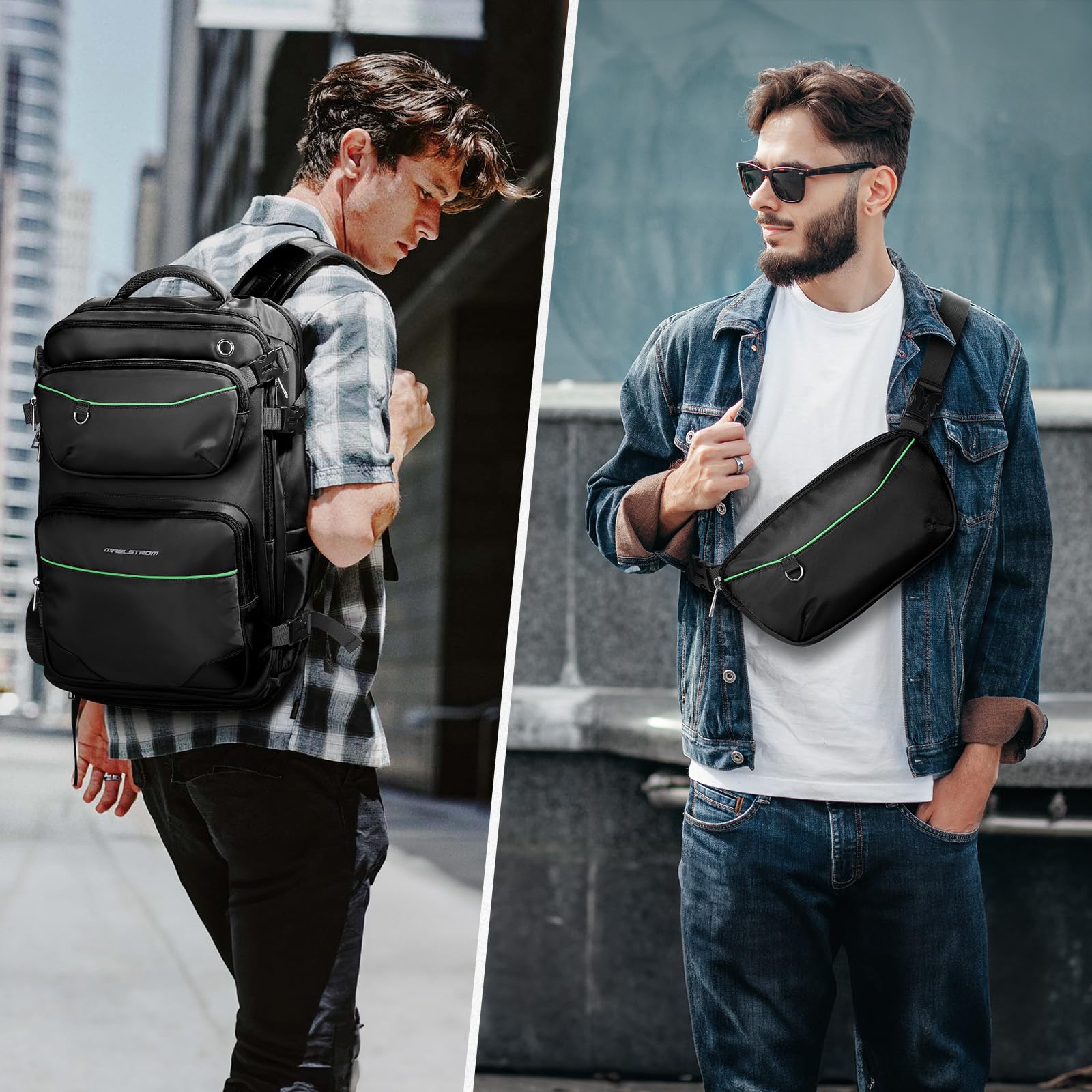 Maelstrom Travel Backpack for Men Women, 35L Carry on Backpack for Traveling on Airplane,with Belt Bag&Shoe Compartment,Waterproof Laptop Backpack fit 17”Laptop-Classic Black, Large