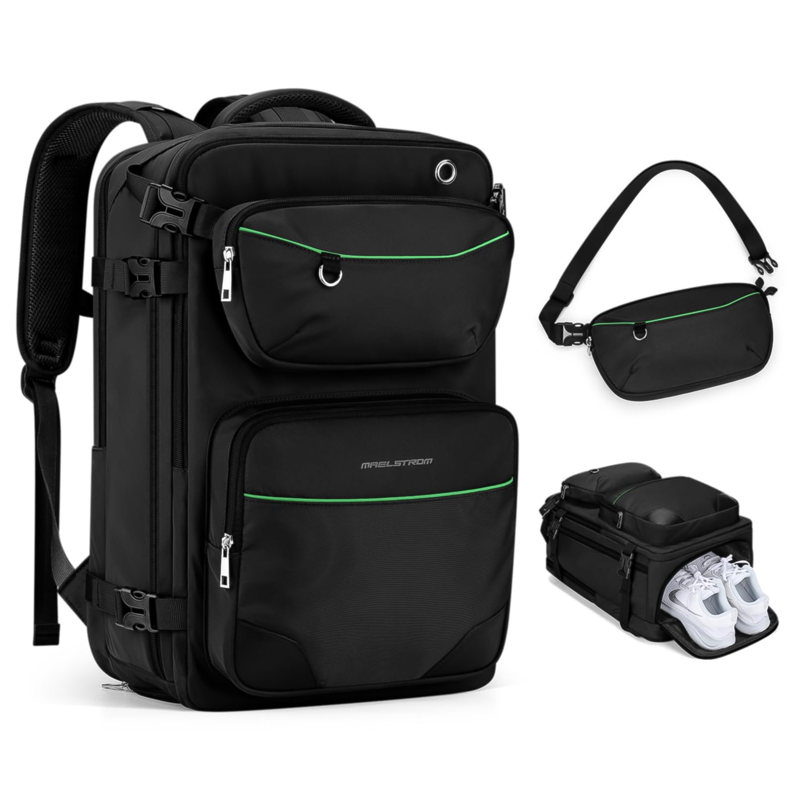 Maelstrom Travel Backpack for Men Women, 35L Carry on Backpack for Traveling on Airplane,with Belt Bag&Shoe Compartment,Waterproof Laptop Backpack fit 17”Laptop-Classic Black, Large