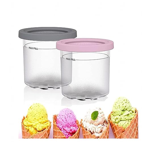 EVANEM 2/4/6PCS Creami Pint Containers, for Ninja Creamy Pints Lids,16 OZ Ice Cream Pint Containers Airtight and Leaf-Proof Compatible with NC299AMZ,NC300s Series Ice Cream Makers,Pink+Gray-2PCS