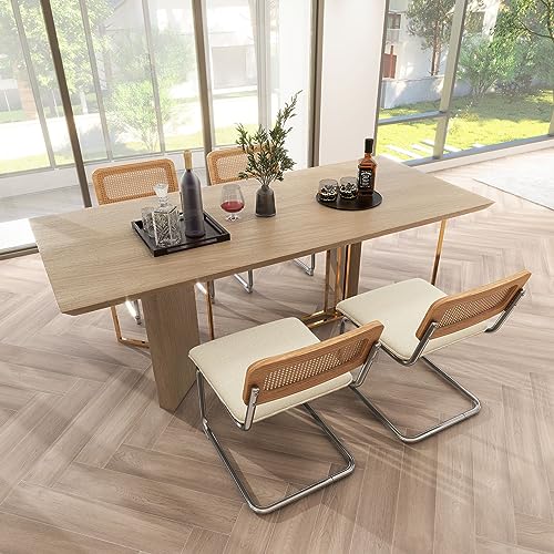 SWHSE 32.5" Rattan Dining Chairs Set of 4, Upholstered Boucle Mid-Century Modern Dining Chairs Set of 4 with 3-Layer Thickened Cushion and Galvanize Tube Frame for Dining Room, Kitchen (White Boucle)
