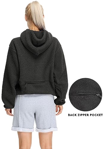 icyzone Women's Half Zip Hooded Sherpa Fleece Pullover Jacket, Oversized Warm Fuzzy Sweatshirt with Pockets (Black, L)