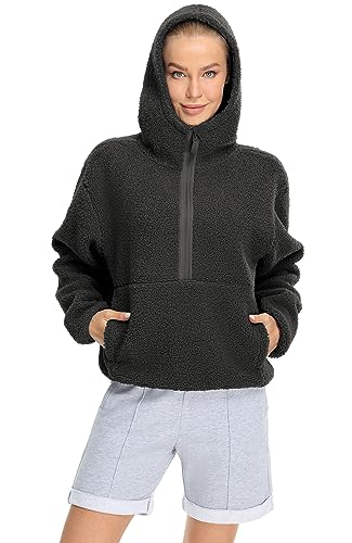 icyzone Women's Half Zip Hooded Sherpa Fleece Pullover Jacket, Oversized Warm Fuzzy Sweatshirt with Pockets (Black, L)
