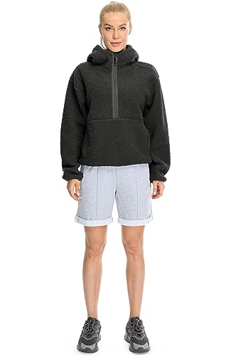 icyzone Women's Half Zip Hooded Sherpa Fleece Pullover Jacket, Oversized Warm Fuzzy Sweatshirt with Pockets (Black, L)