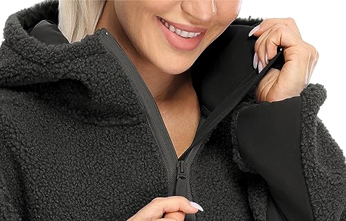icyzone Women's Half Zip Hooded Sherpa Fleece Pullover Jacket, Oversized Warm Fuzzy Sweatshirt with Pockets (Black, L)