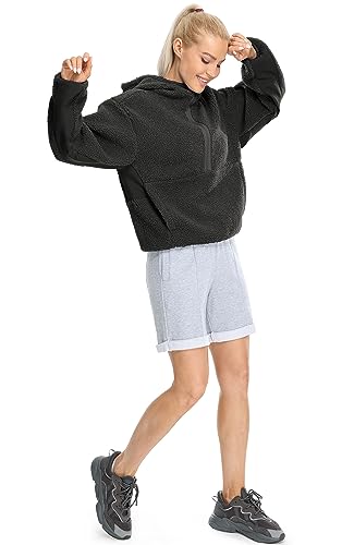 icyzone Women's Half Zip Hooded Sherpa Fleece Pullover Jacket, Oversized Warm Fuzzy Sweatshirt with Pockets (Black, L)