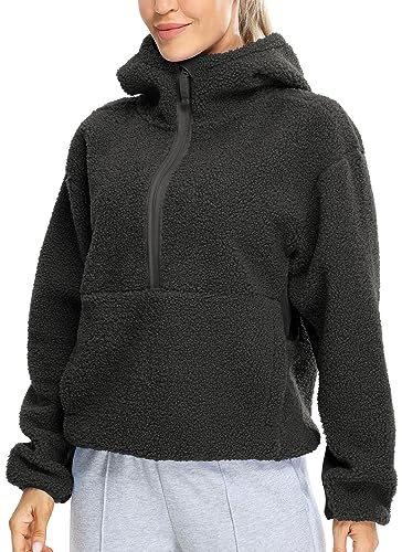 icyzone Women's Half Zip Hooded Sherpa Fleece Pullover Jacket, Oversized Warm Fuzzy Sweatshirt with Pockets (Black, L)