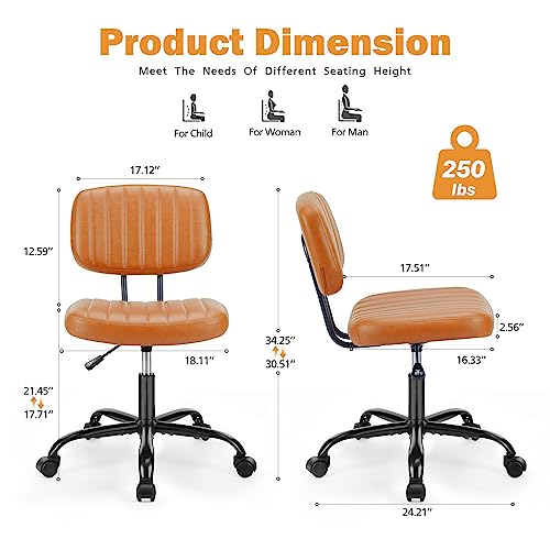 OLIXIS Armless Home Office Desk Chair with PU Leather Low Back Lumbar Support and Wheels, Height Adjustable No Arms for Bedroom, Study Small Space, Brown
