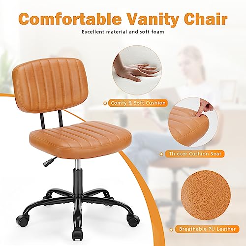 OLIXIS Armless Home Office Desk Chair with PU Leather Low Back Lumbar Support and Wheels, Height Adjustable No Arms for Bedroom, Study Small Space, Brown